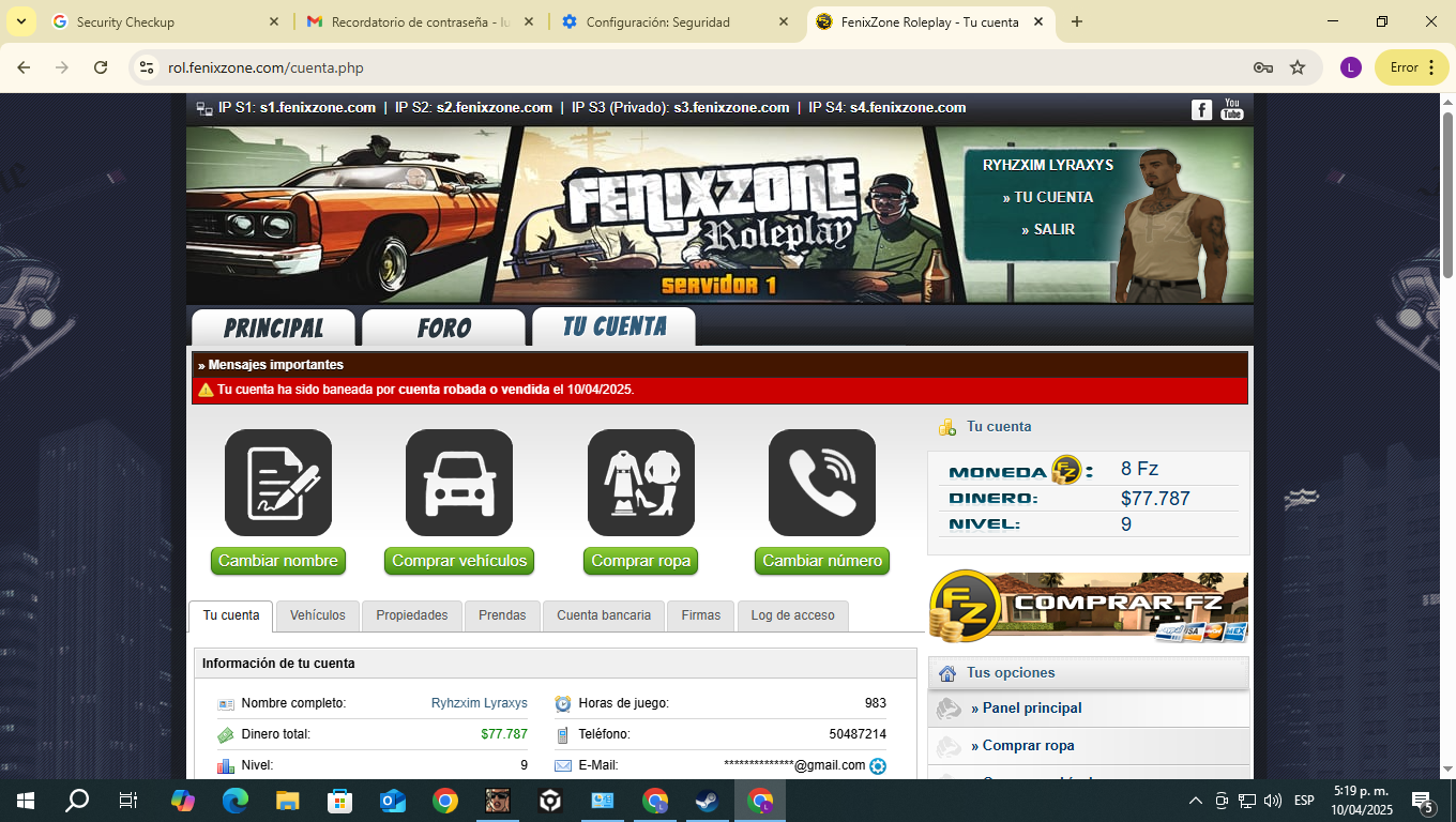 [Robo de cuenta] Ryhzxim_Lyraxys ( 10/4/2025 5:20 pm )